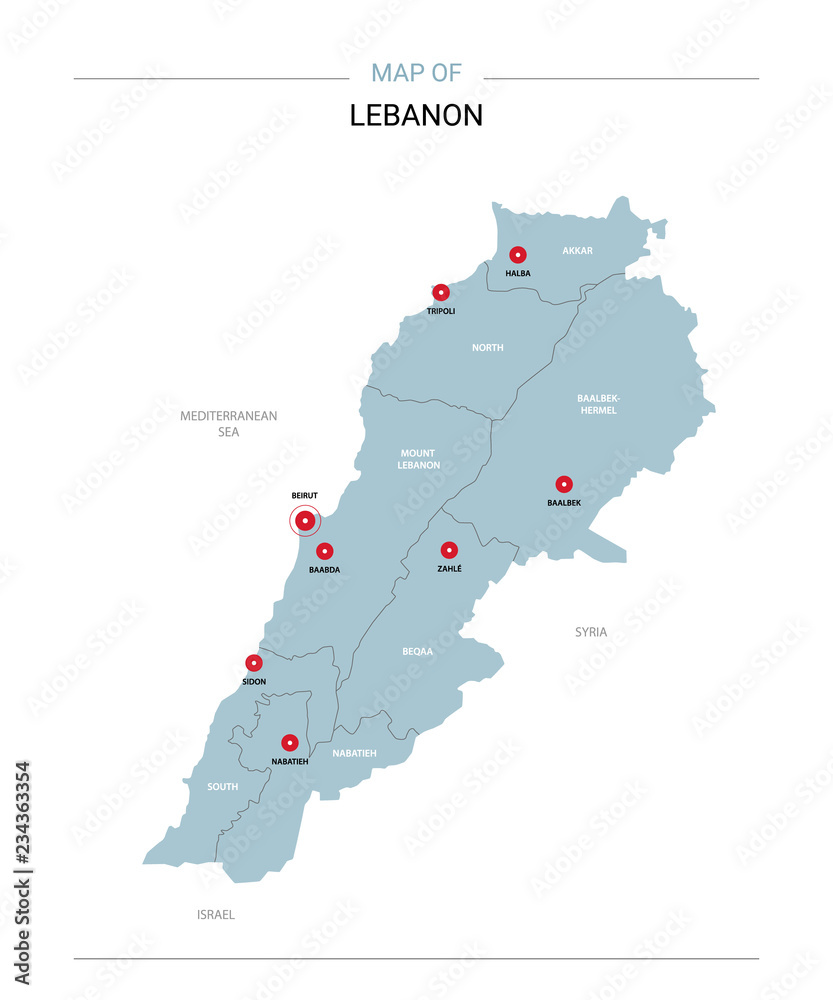 Lebanon vector map. Editable template with regions, cities, red pins ...