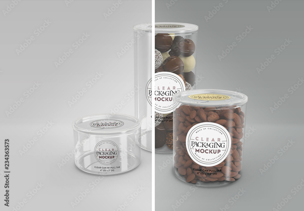 Clear Cans with Pull Tabs and Clear Lids Packaging Mockup Stock ...