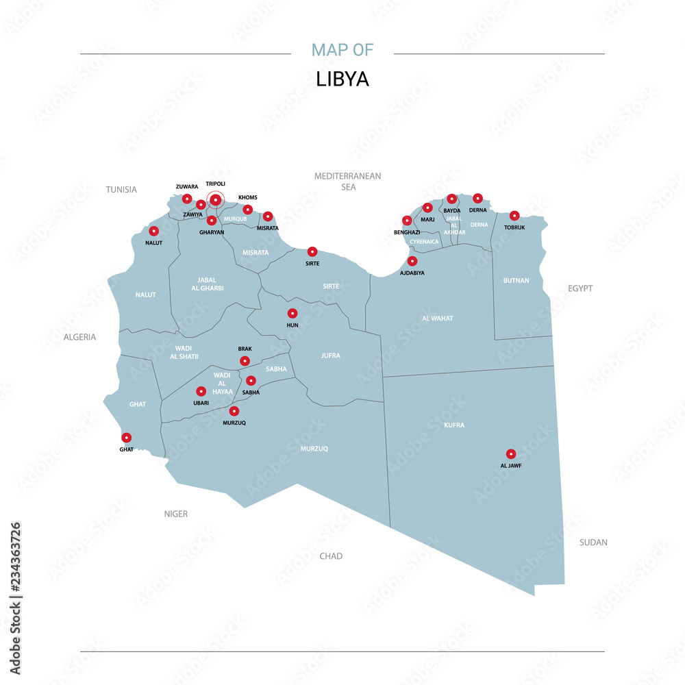 Libya vector map. Editable template with regions, cities, red pins and ...