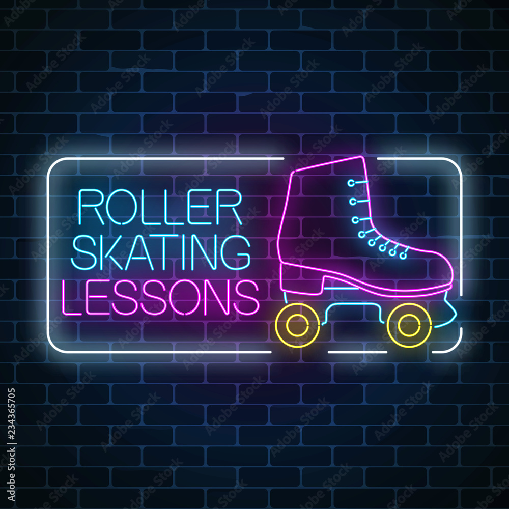 Roller skating lessons advertising sign. Retro roller skates glowing ...