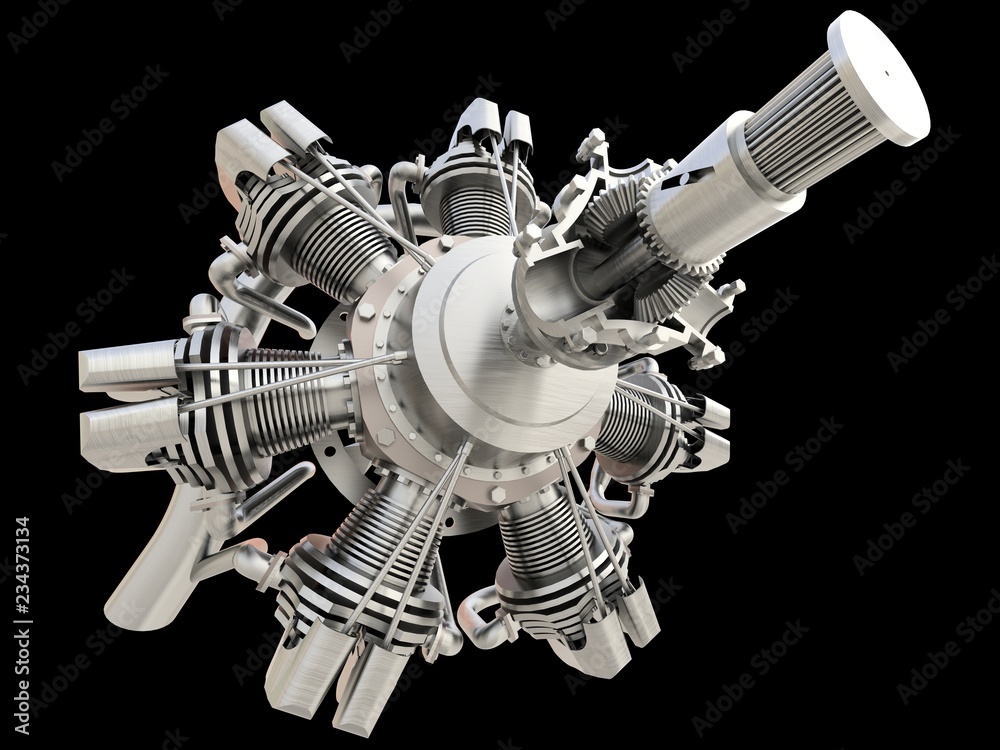 Old circular aircraft internal combustion engine. 3d rendering. Stock ...