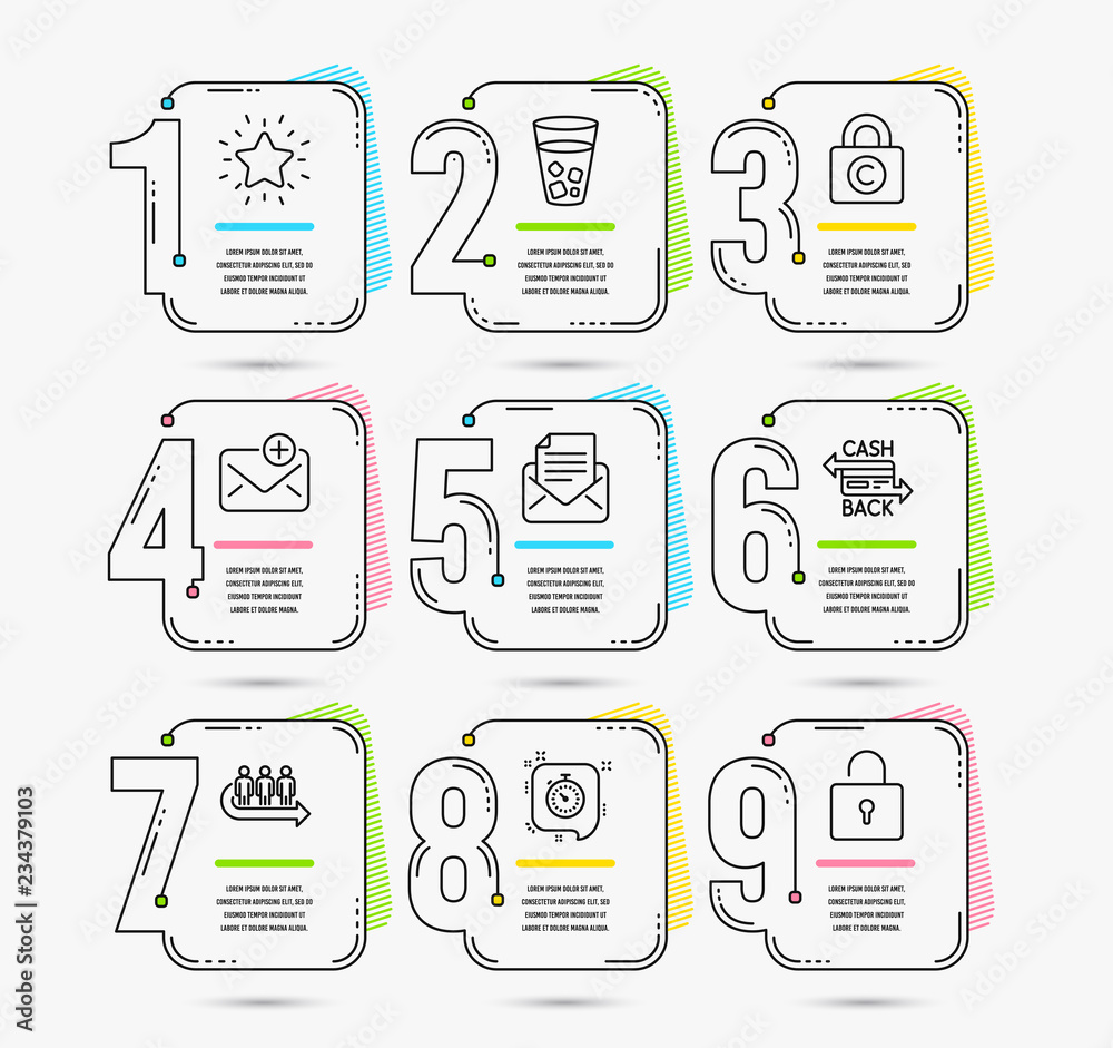 Infographic timeline set of Timer, Ice tea and Queue icons. Copyright ...