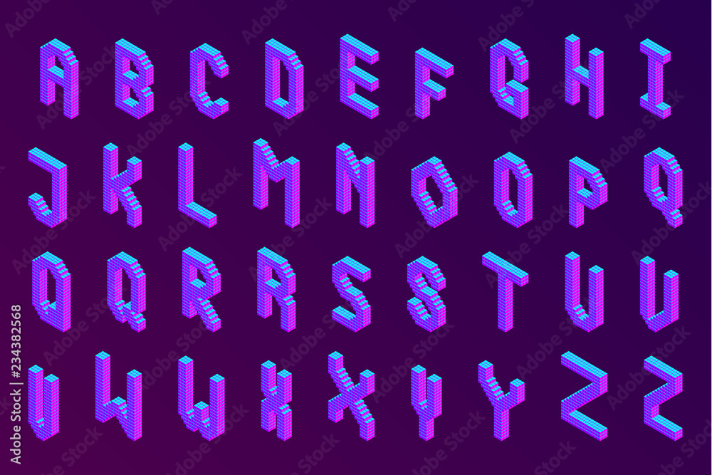bold colorful isometric pixel 3d font. modern bright uppercase ...