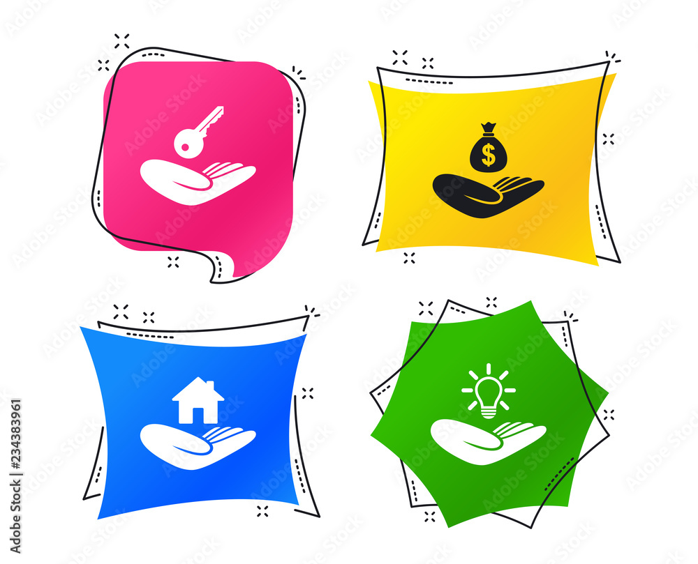 Helping hands icons. Financial money savings insurance symbol. Home ...