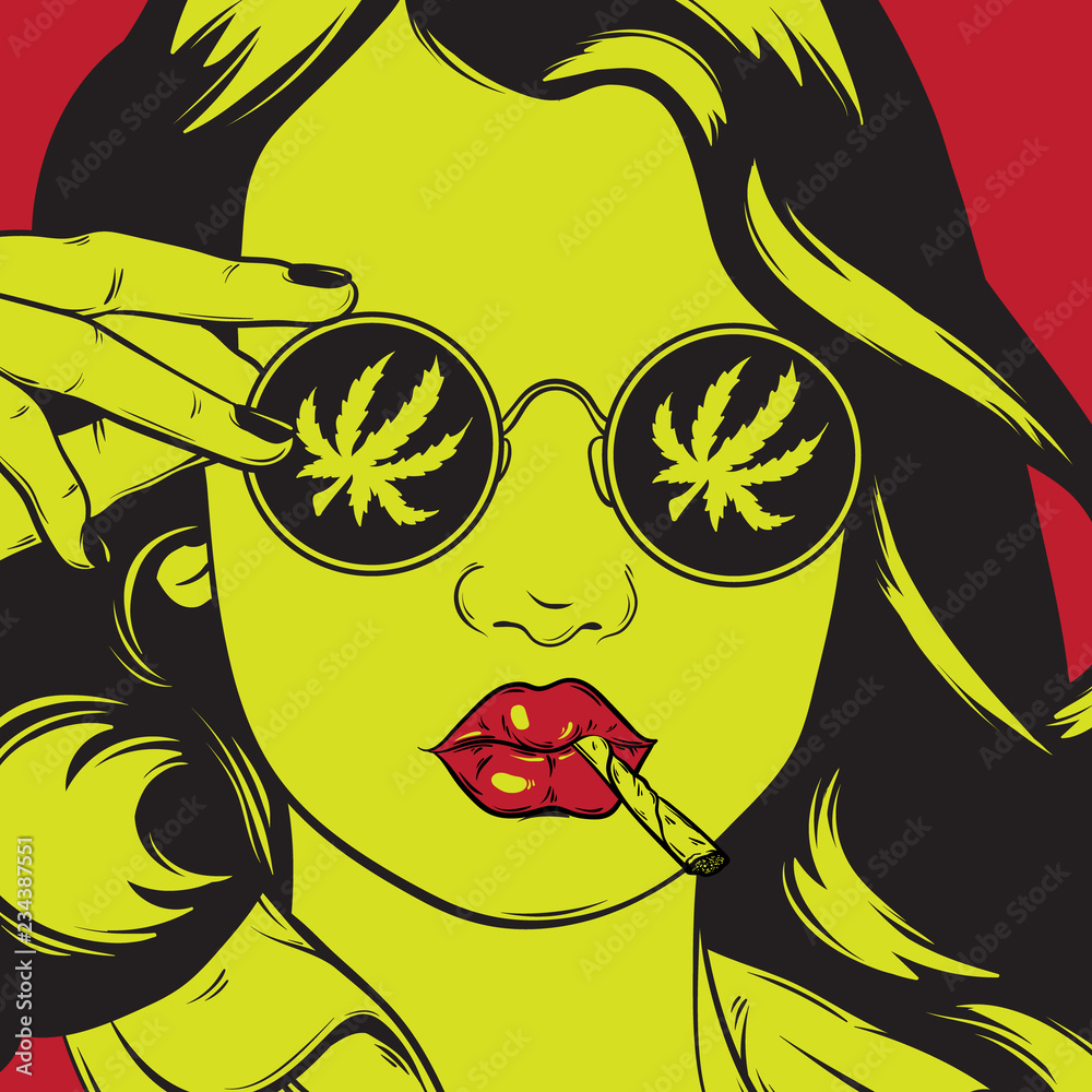Vector hand drawn illustration of girl with roll-up and marijuana leaf ...