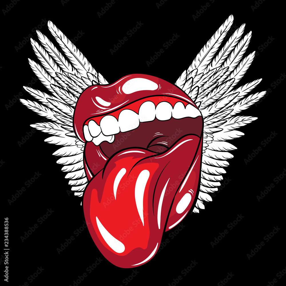 Vector hand drawn colorful illustration of mouth with tongue and wings ...