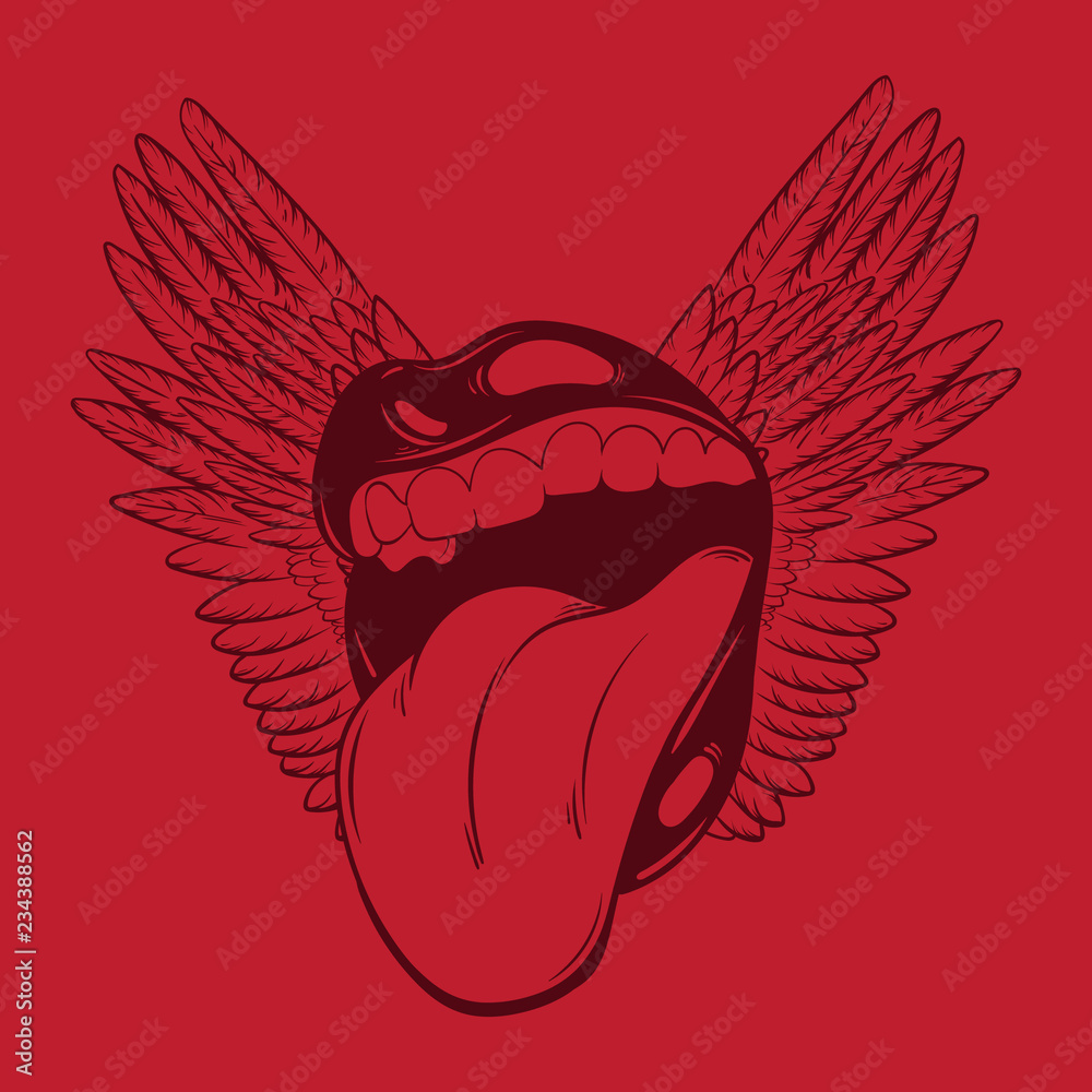 Vector hand drawn colorful illustration of mouth with tongue and wings ...