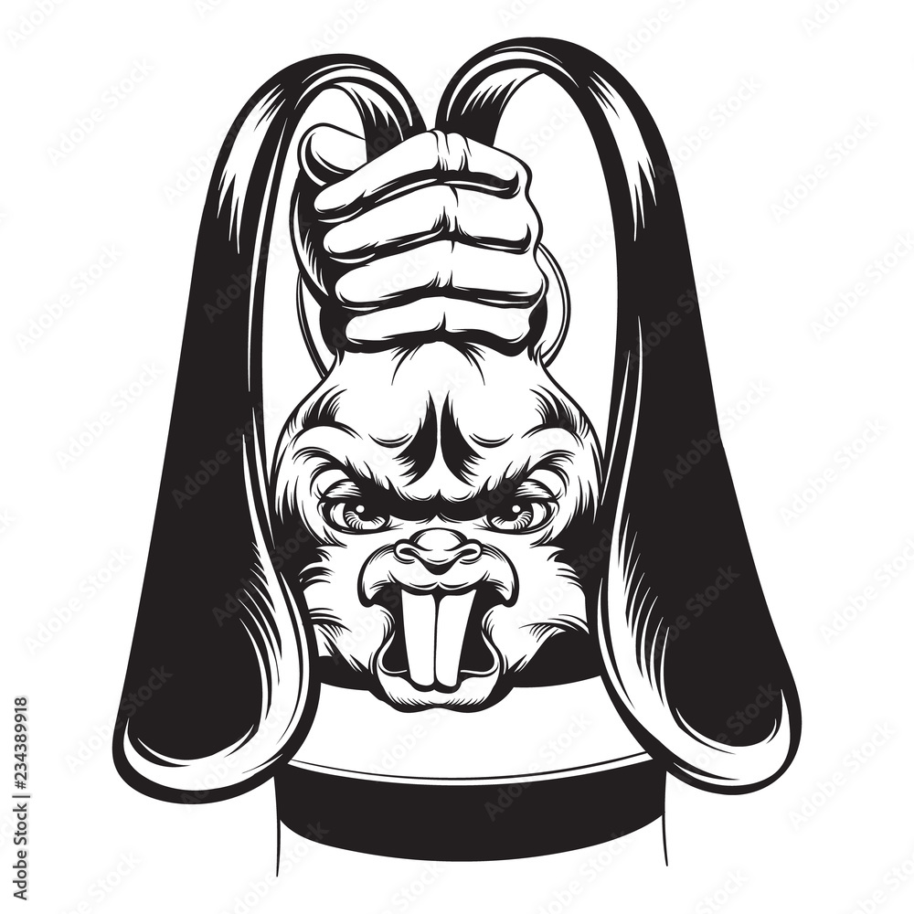 Vector hand drawn illustration of angry rabbit with hand of magician ...