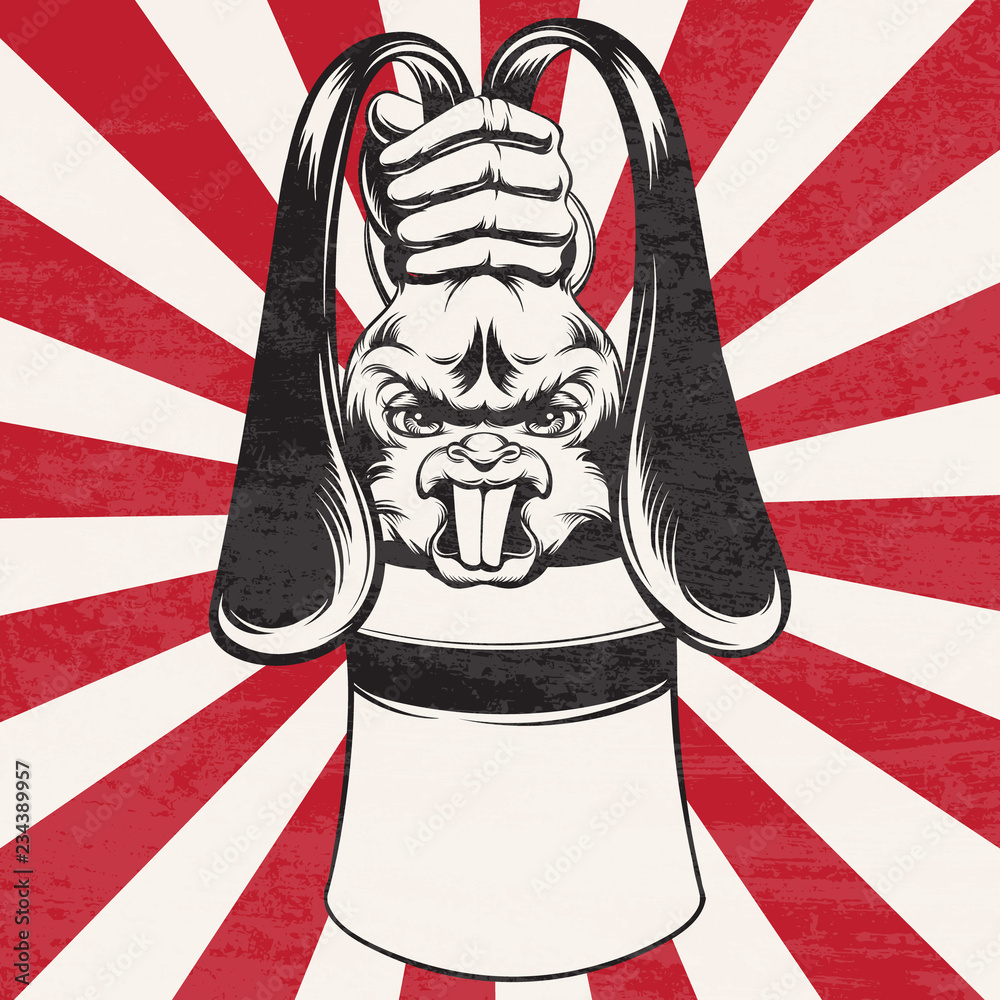 Vector hand drawn illustration of angry rabbit with hand of magician ...