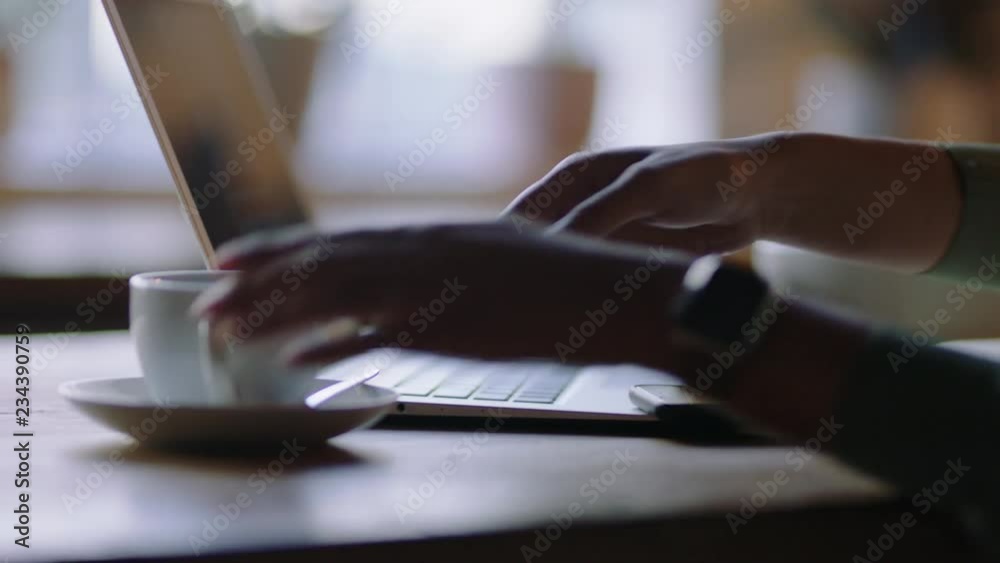 Vidéo Stock business woman hands using laptop computer in cafe drinking ...