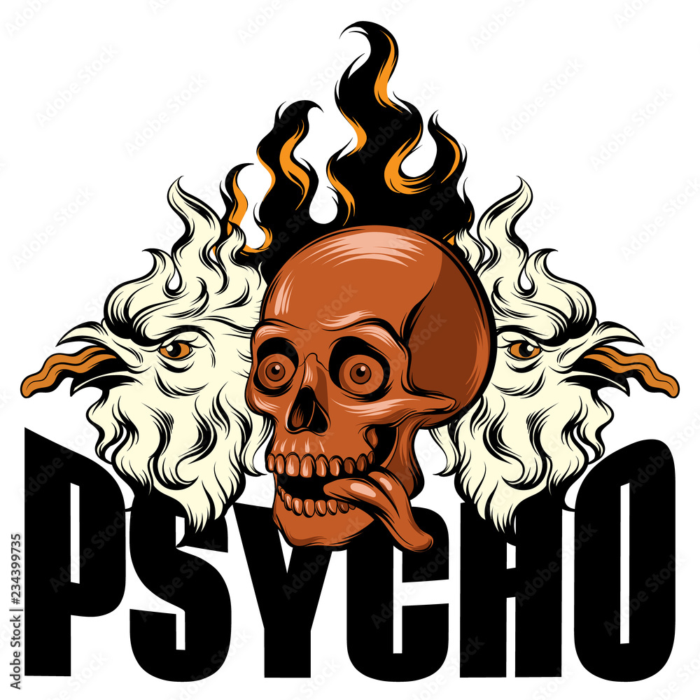 Psycho. Vector hand drawn illustration of human skull with birds. Stock ...