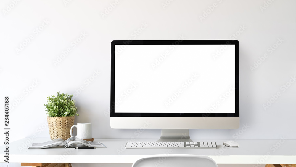 Workspace with blank screen computer on a white table Stock Photo ...
