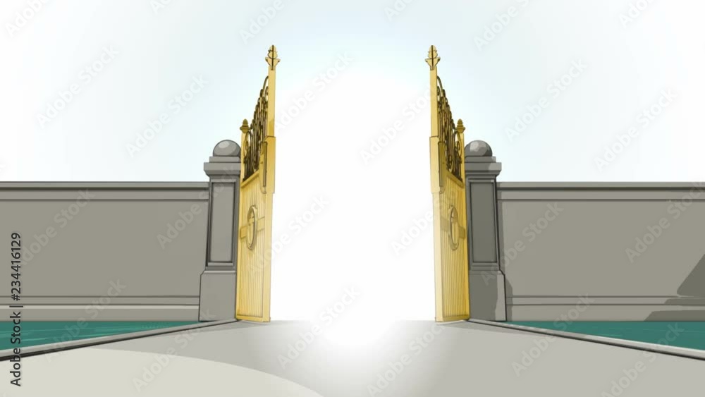A cartoon vector animation of heavens golden gates opening to an ...