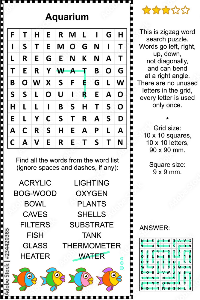 Aquarium themed zigzag word search puzzle (suitable both for kids and ...