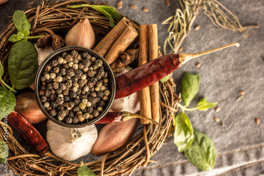 Spice collage - Mix of red, black and white pepper, garlic, shallots ...