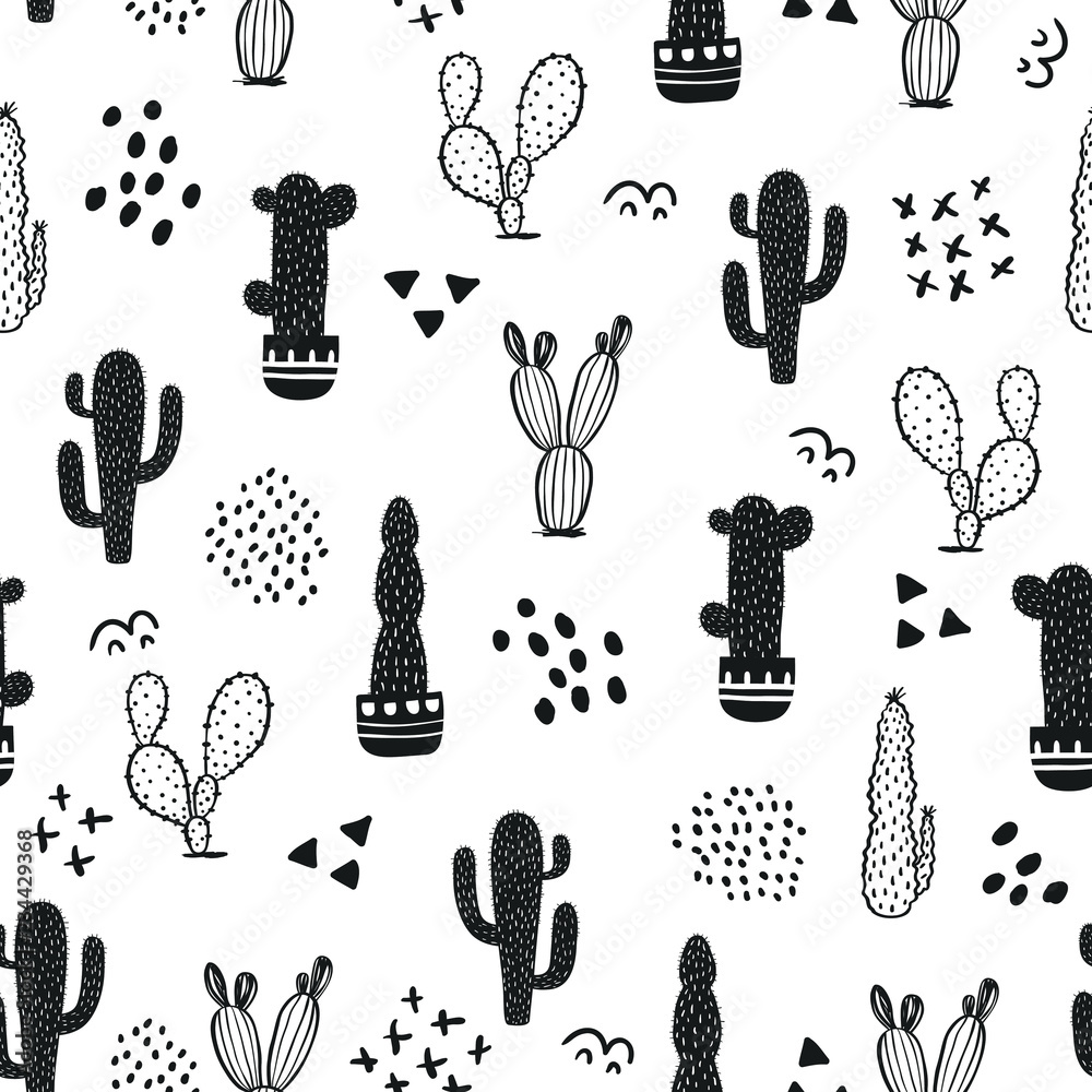Seamless cactus pattern. Repeating hand drawn background. Black and ...