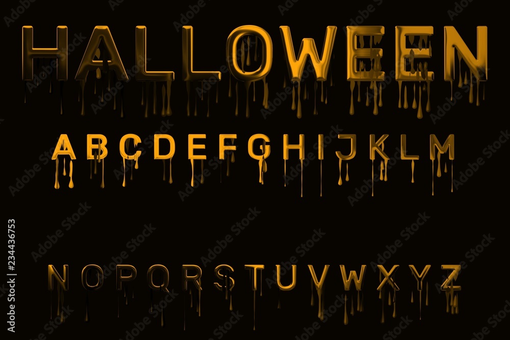 Orange 3D Halloween alphabet with glossy surface and dripping letters ...