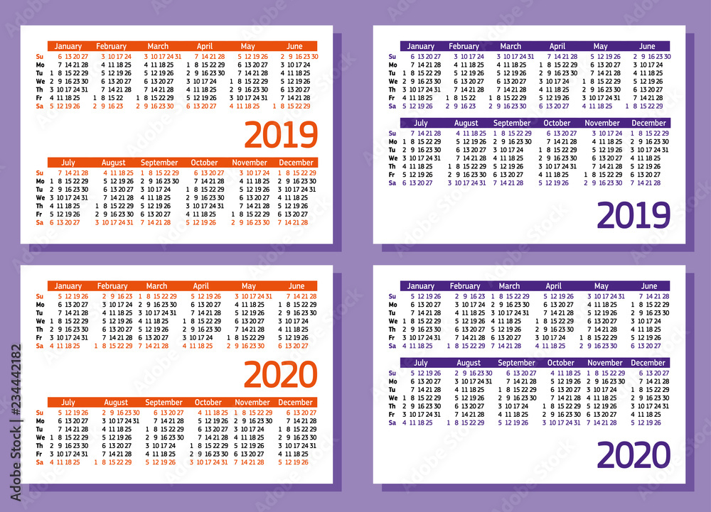 Set horizontal calendars for 2019, 2020 years. Design: orange, purple ...