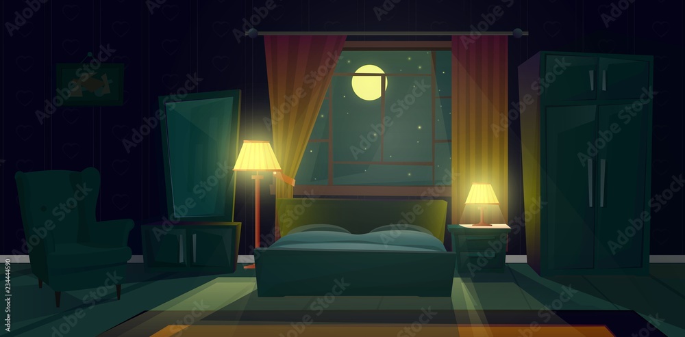 Vector cartoon illustration of cozy bedroom at night. Modern interior ...