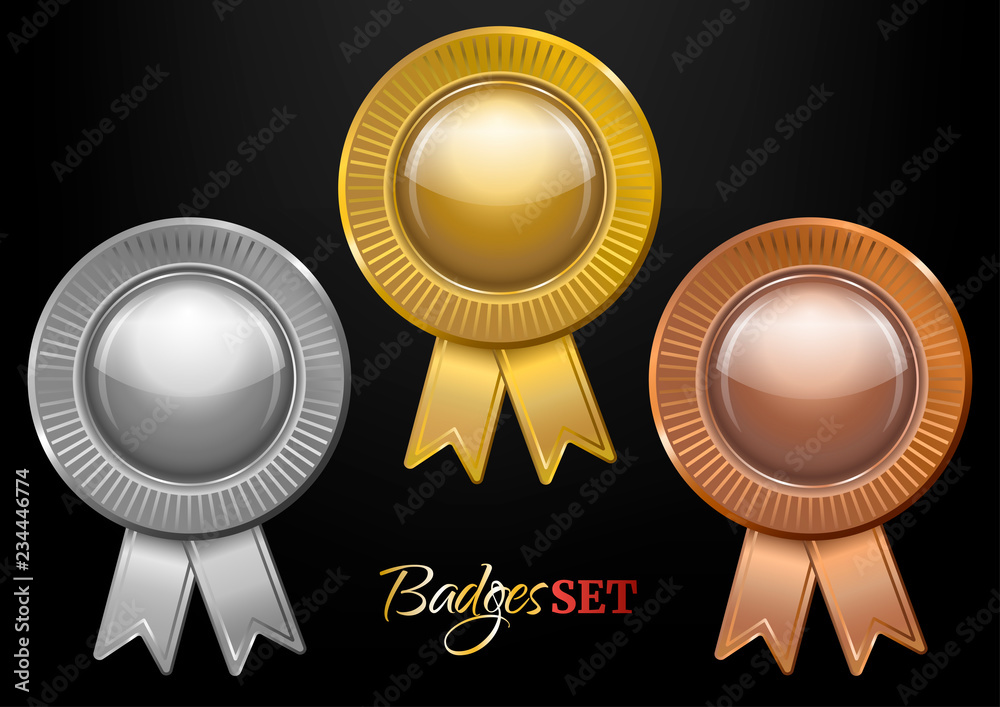 Set of gold, silver and bronze badges with ribbons on black background ...