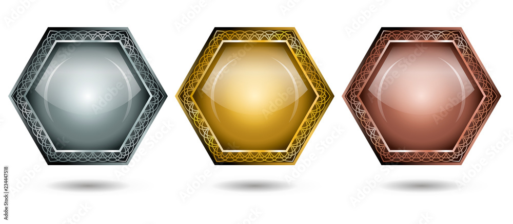 Set of silver, gold and bronze hexagon insignias. Badges collection ...