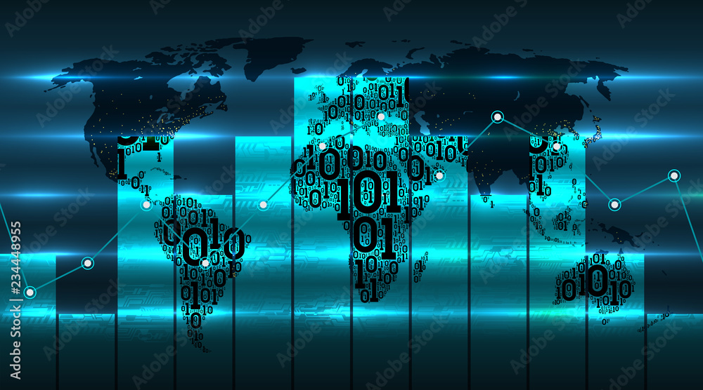 Graph chart of digital global technologies of against background of world map. Binary code earth ...