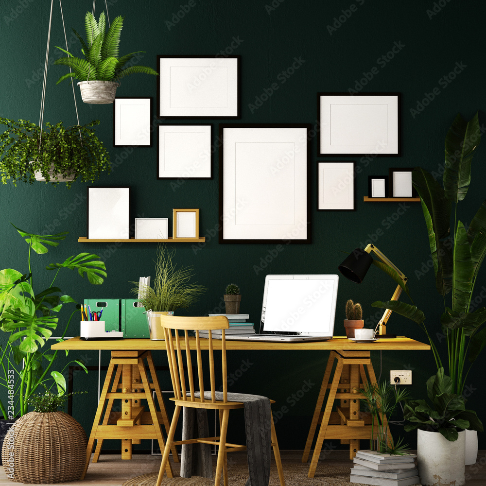 interior design for working area with Destop computer screen on white ...