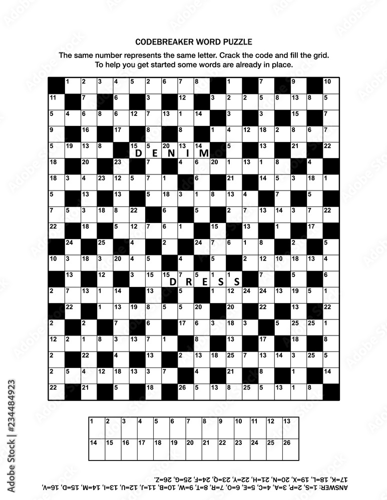 Puzzle page with codebreaker (codeword, code cracker) word game or ...