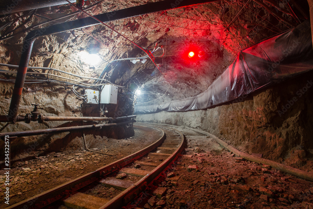 Underground gold iron bauxite ore mine shaft tunnel gallery passage ...