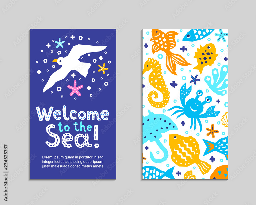 Cutout marine style animal kids design element paper flyer card ...