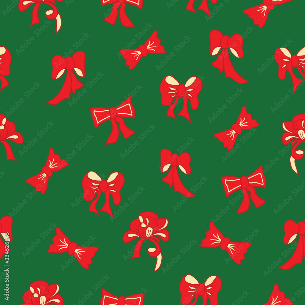 Vector green Christmas seamless pattern background with red bows ...