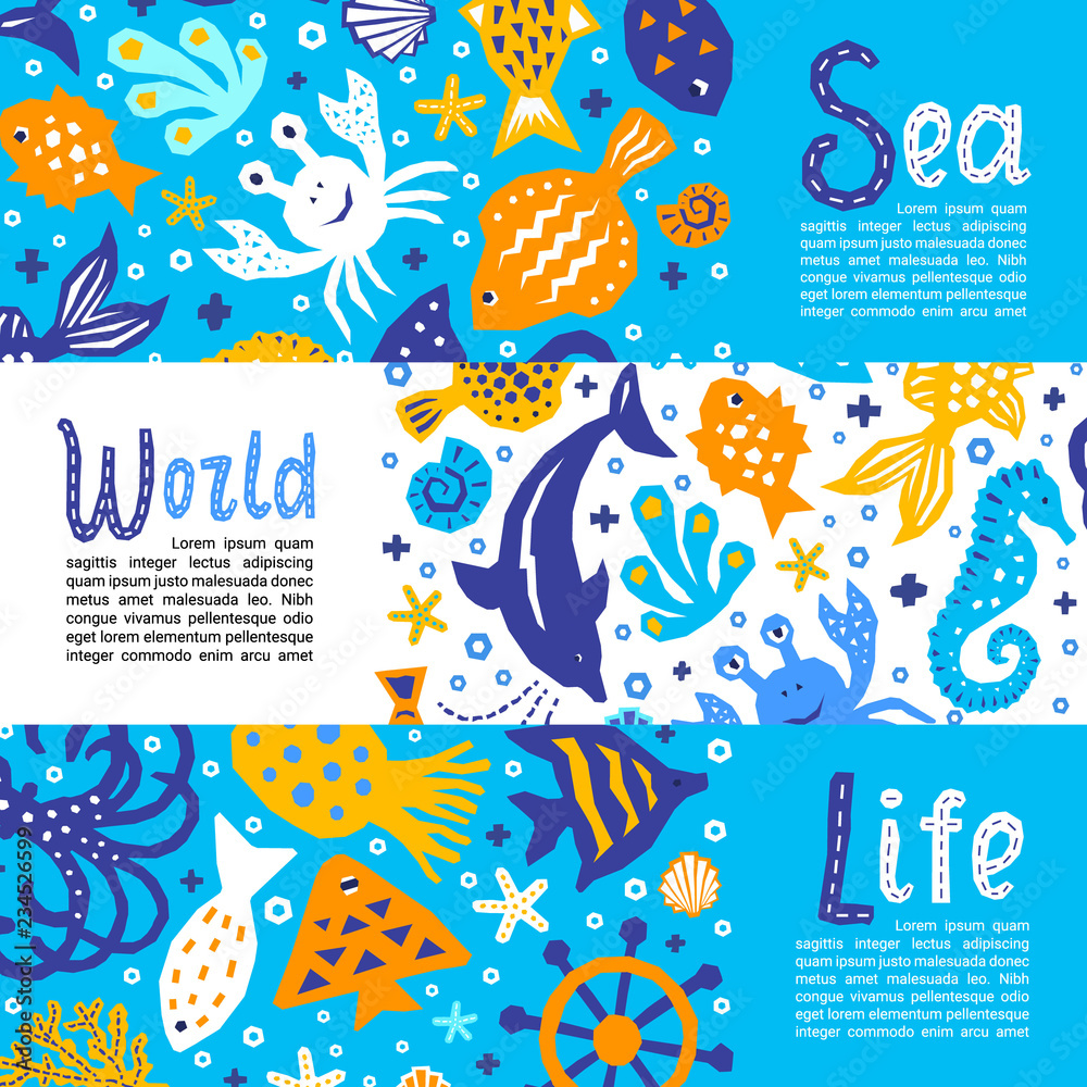 Cutout marine style kids design element paper flyers. Lettering titles ...