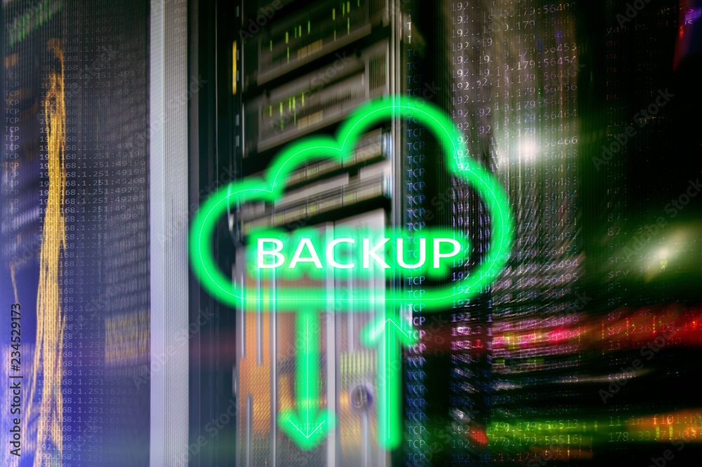 Backup button on modern server room background. Data loss prevention ...