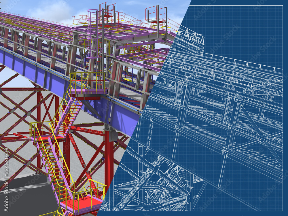 BIM model. 3D structure of building steel structures of industrial ...