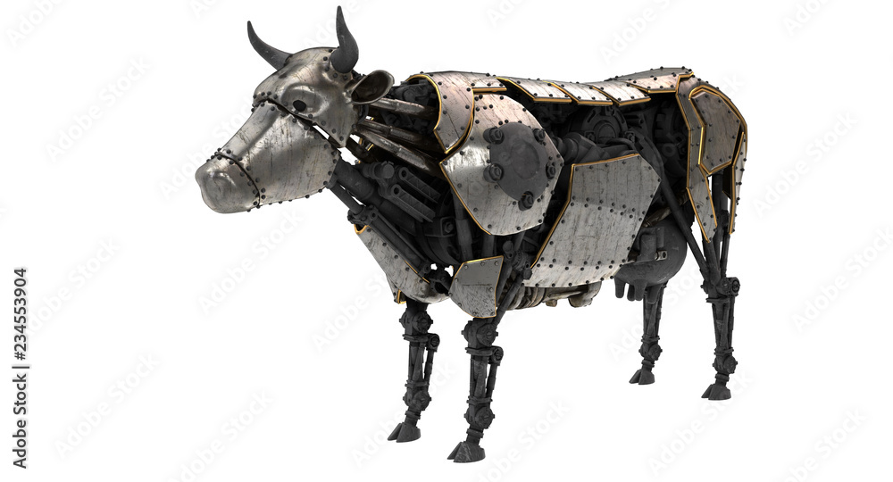 mechanical robot cow in stiunk style on an isolated white background ...