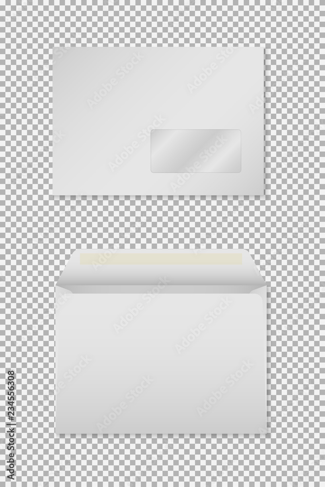 Vector mockup of white c6 paper empty envelope with window. Gray ...