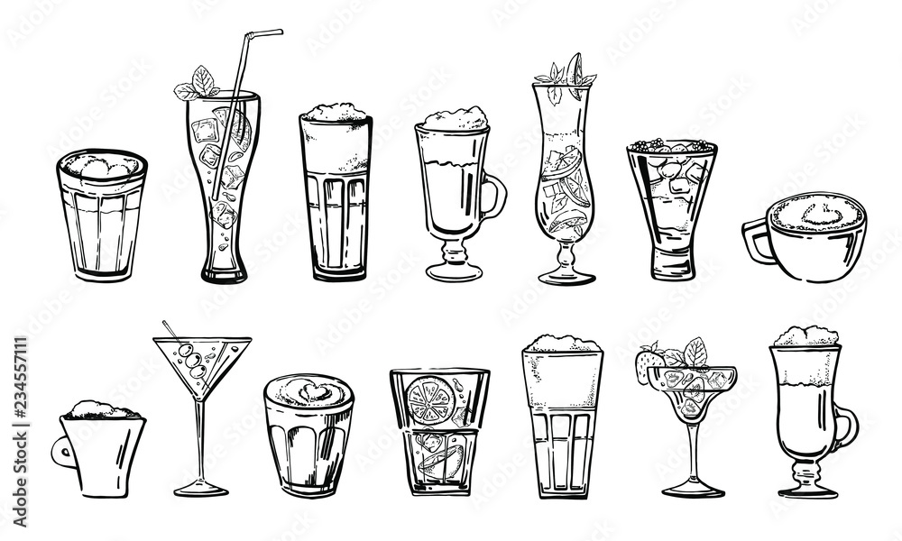 Coffee and cocktail drinks set. Hand drawn outline cartoon vector ...