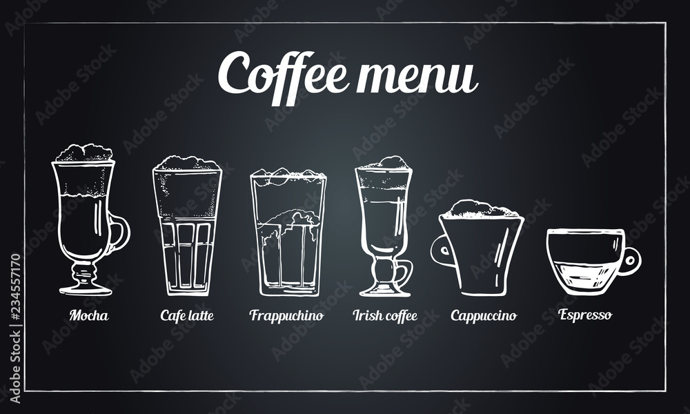 Coffee menu set. Hand drawn vector sketch of different types of coffee ...