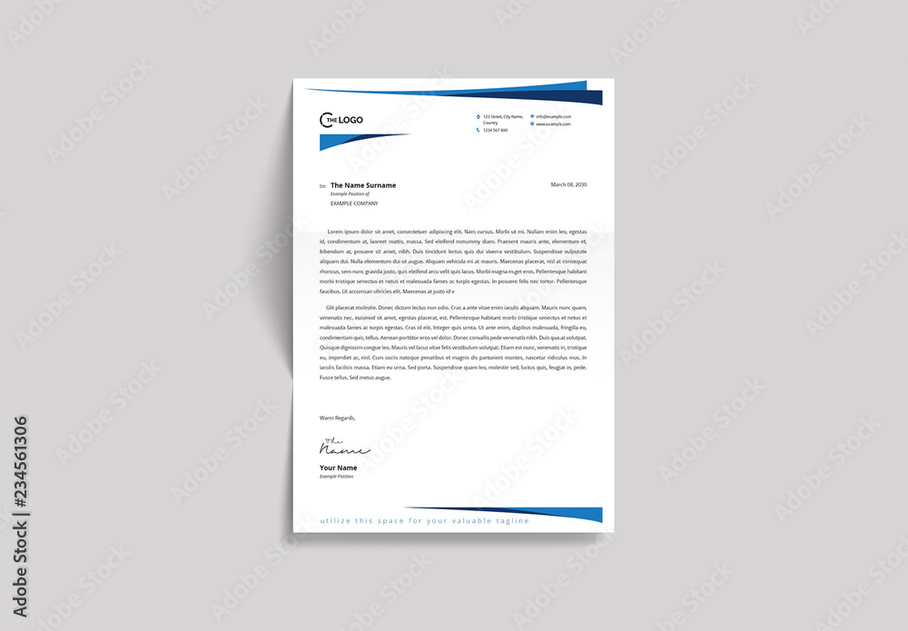 Letterhead Layout with Blue Curves Stock Template | Adobe Stock