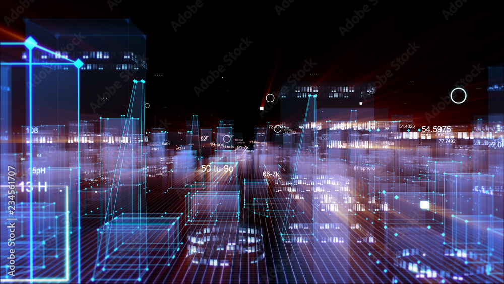 Technological digital background consisting of a futuristic city with ...