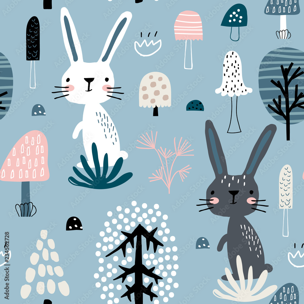 Seamless childish pattern with rabbits in forest . Creative ...