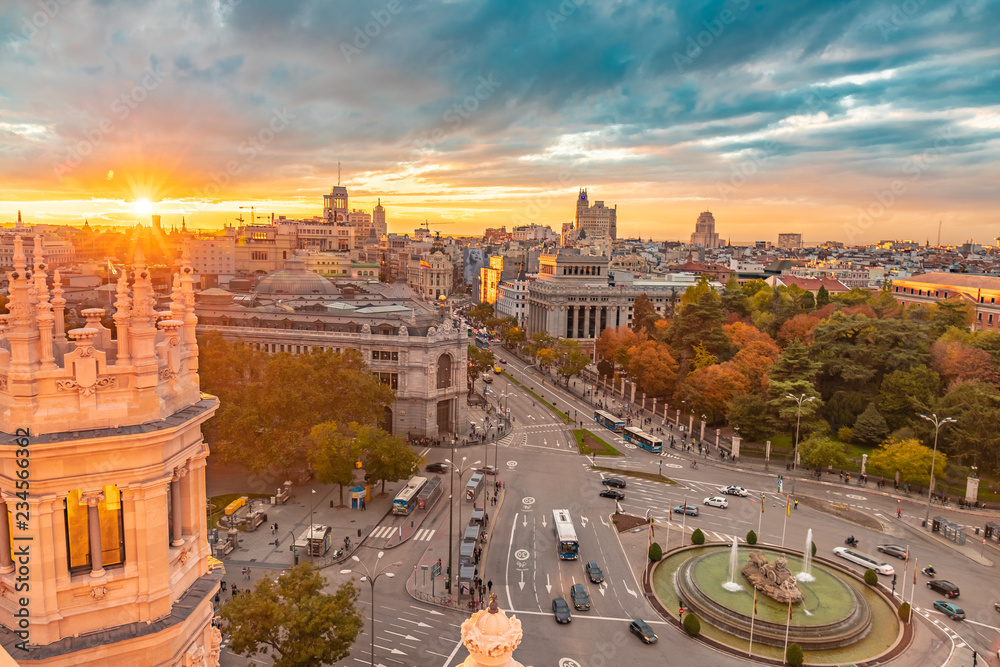 From the Cybele Palace the skyline of Madrid, Spain. View of the sunset ...