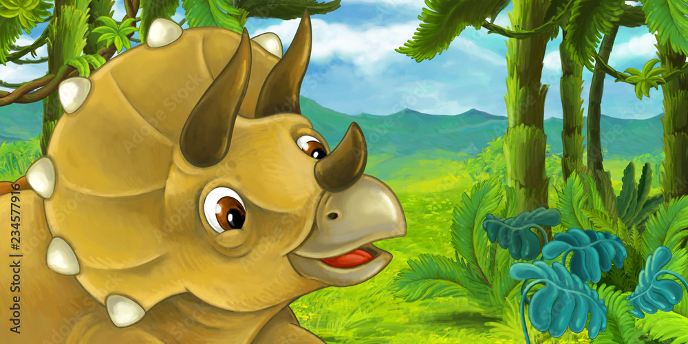 cartoon scene with triceratops hiding behind the rock from ...