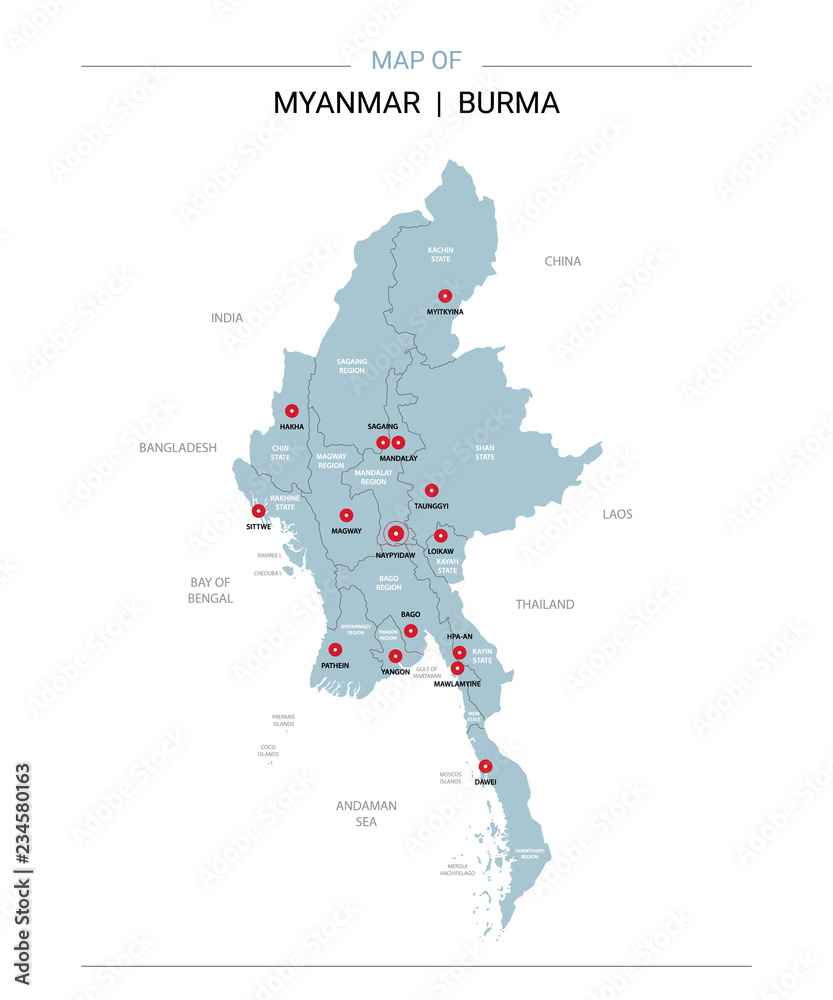 Myanmar Burma vector map. Editable template with regions, cities, red ...