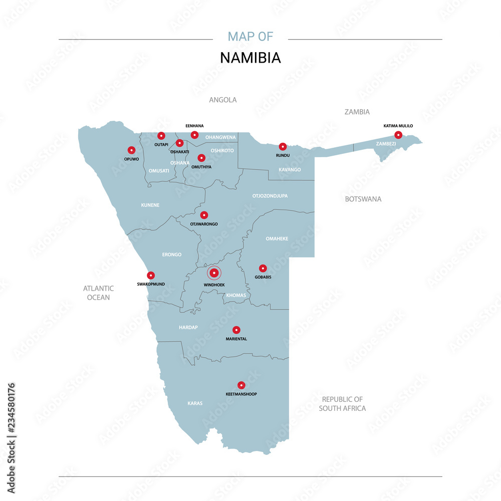 Namibia vector map. Editable template with regions, cities, red pins ...