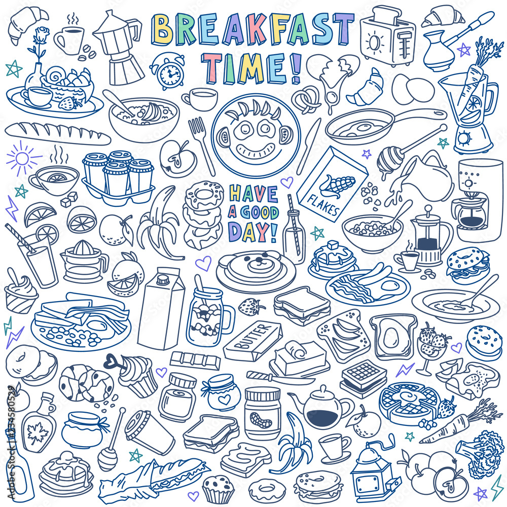 Breakfast food and drinks doodle set. Hand drawn vector illustration ...