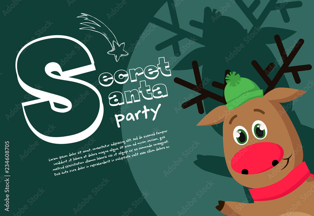 Secret Santa party banner design with friendly deer in hat and scarf ...