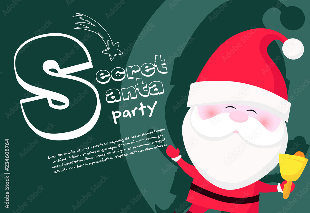 Secret Santa party banner with cute Santa Claus ringing bell and ...