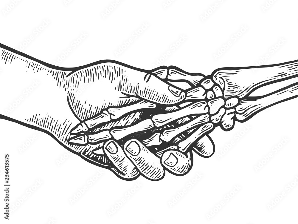 Death skeleton handshake engraving vector illustration. Scratch board ...