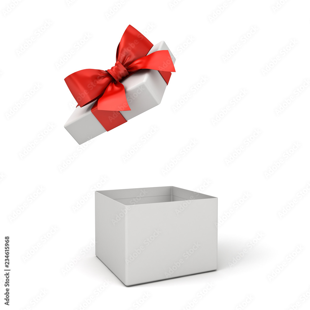 Open gift box or blank present box with red ribbon bow isolated over ...